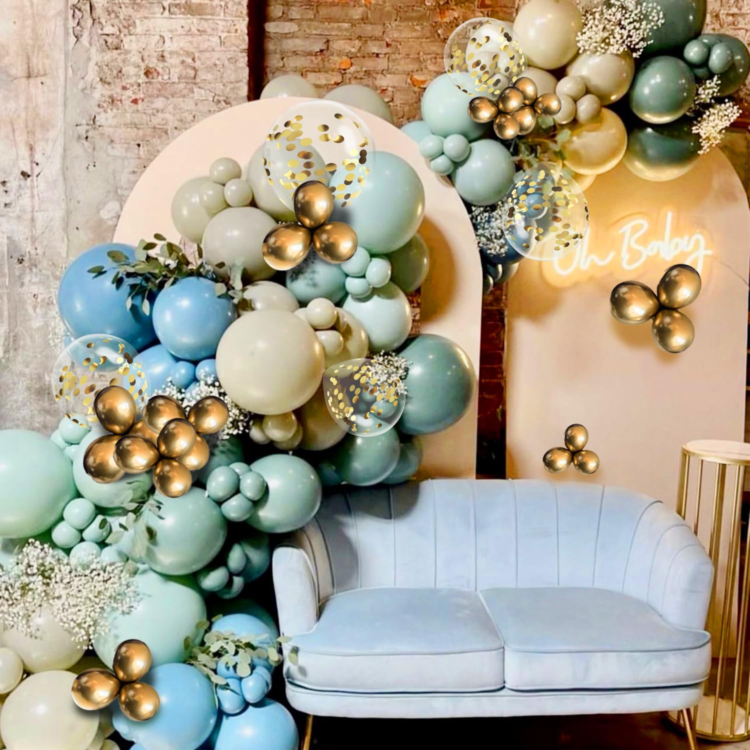Dusty Blue Green Balloon Garland Arch Kit Blue Green White Sand Gold Confetti Balloons for Bridal Boho Birthday Party Backdrop Decorations