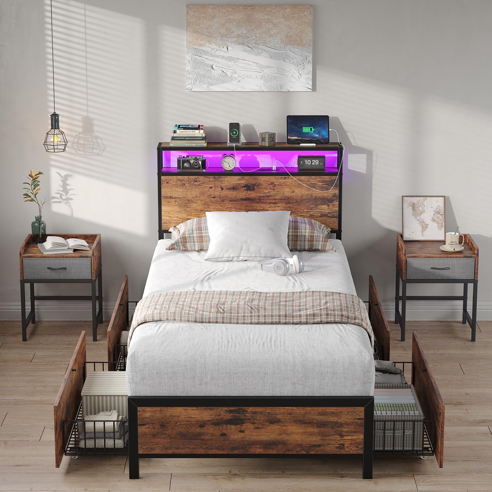 CollaredEagle Twin Size Bed Frame with Headboard, Metal Platform Bed Frame with 4 Storage Drawers, Charging Station and LED, No Box Spring Needed, Easy Assembly