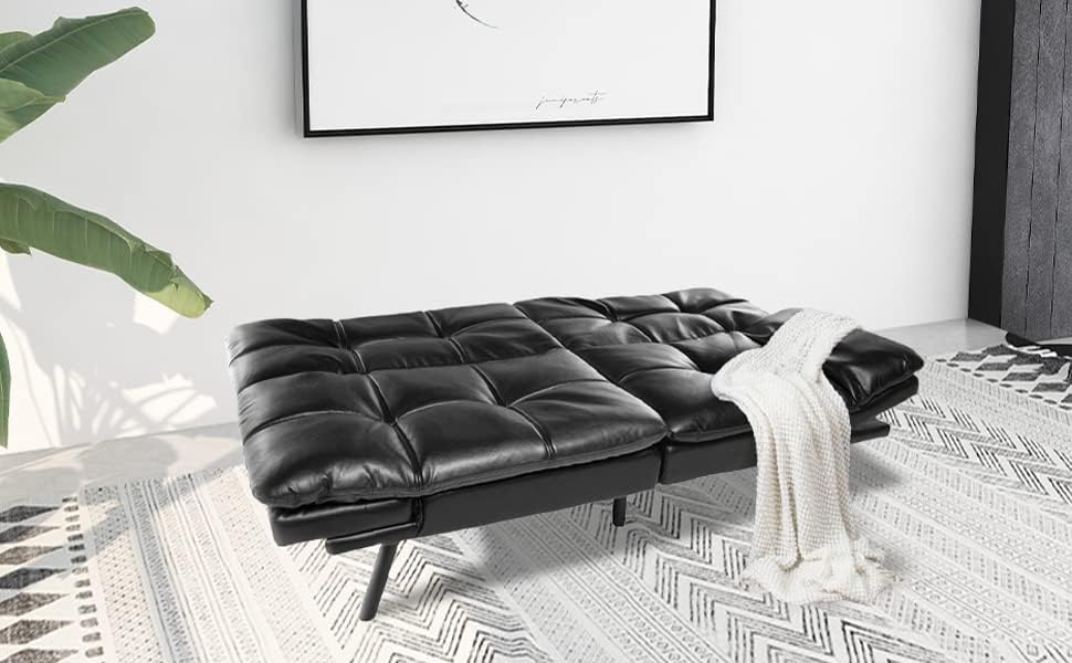 IULULU Futon Sofa Bed Faux Leather Couch with Adjustable Armrests, Modern Industrial Sleeper Daybed for Small Spaces, Living Room, Compact Apartment, Office, House, Condo, Loft, Bungalow, Black