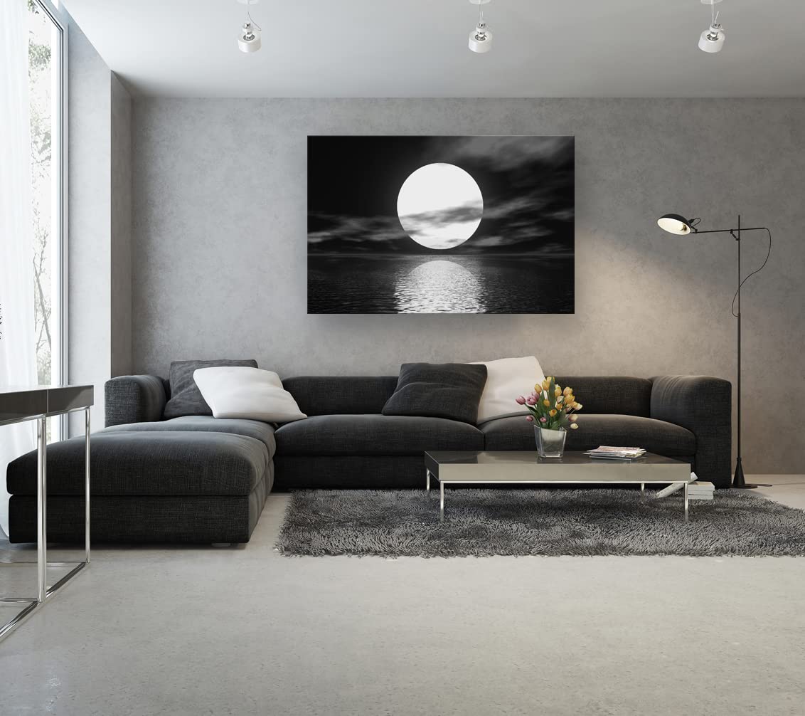 Cao Gen Decor Art S06481 Wall Art Canvas Sea White Full Moon in Night Picture Canvas Poster Print Black and White Ocean for Living Room Bedroom Kitchen Home Decorations Framed Artwork