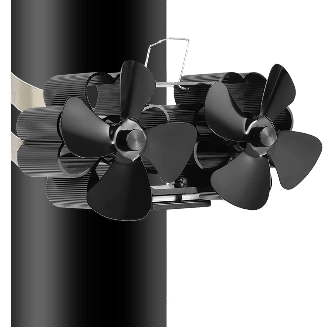 TEENGSE Heat Powered 8 Blade Wood Stove Fan, Flue Pipe Hanging Fireplace Fan for Home Wood Burning Stove Silent Indoor Stove Accessory Heat Distribution-Black with Magnetic Thermometer