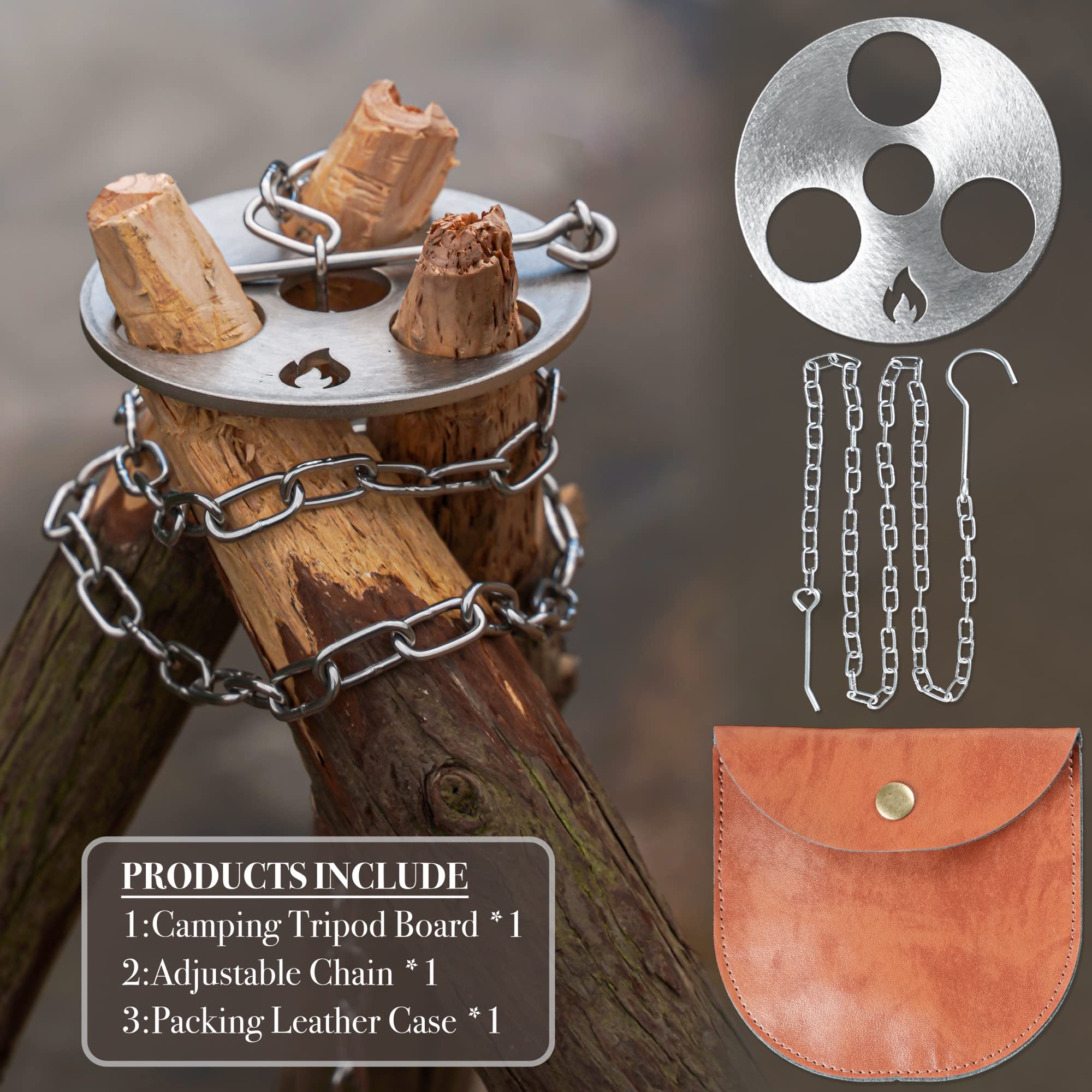 Camping Tripod Board - Portable Campfire Tripod Board Campfire Grill Stand Rack with Adjustable Hanging Cooking Chain, Stainless Steel Camping Grill Tripod Accessories