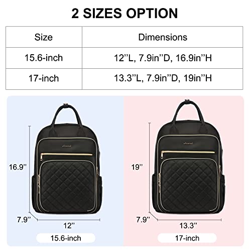 LOVEVOOK Laptop Backpack for Women, 15.6 Inch Computer Backpack for Teacher Nurse with Water Resistant, Lightweight Travel Work Backpack with USB Charging Port, Quilted Commuter Backpack purse, Black