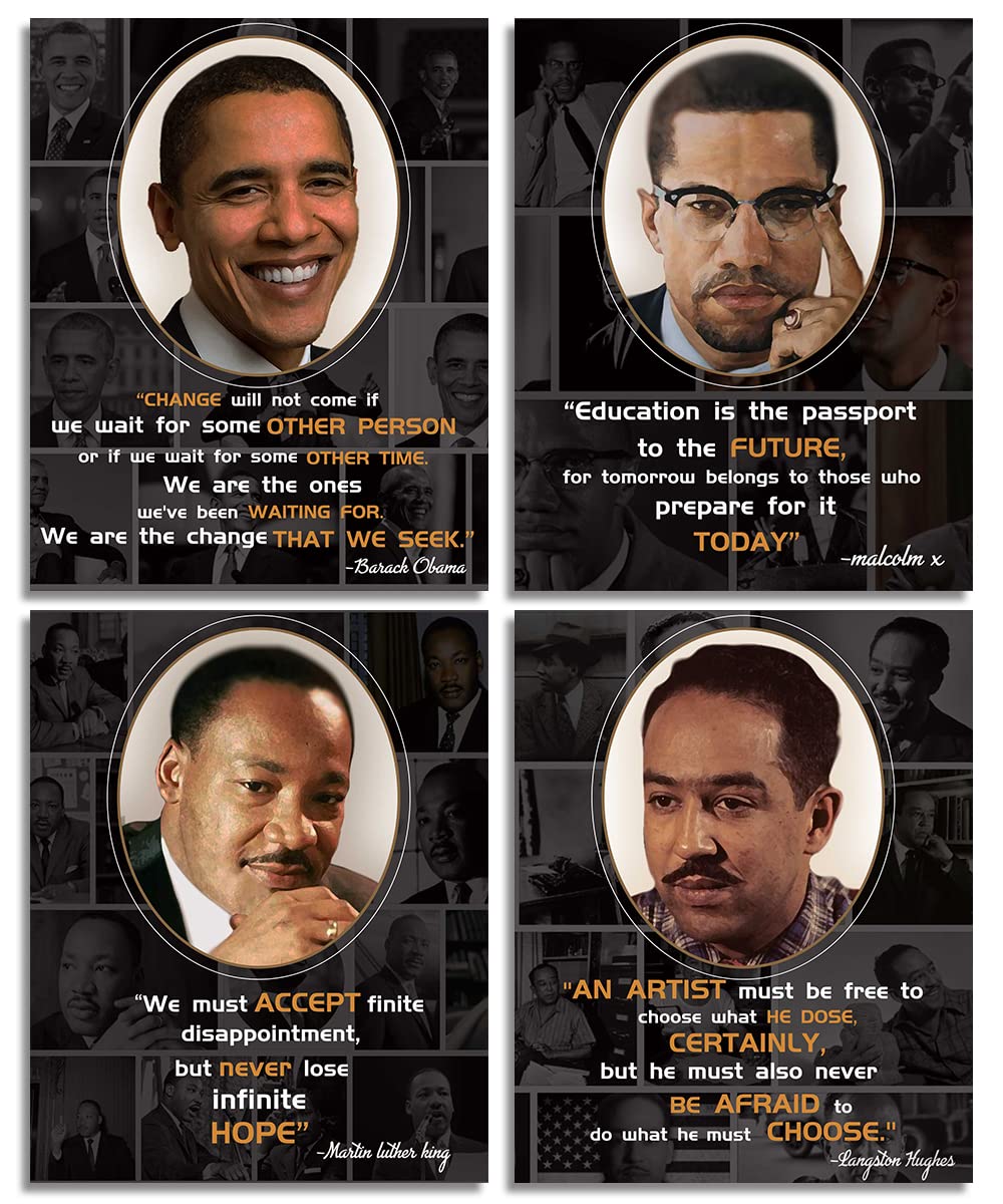 Black history,quote Malcolm X,Martin Luther King,Barack Obama,Nelson Mandela Motivational language, Wall Art Prints classroom Studio Office Decor，set of 4, 8 X10 ins UNFRAMED02