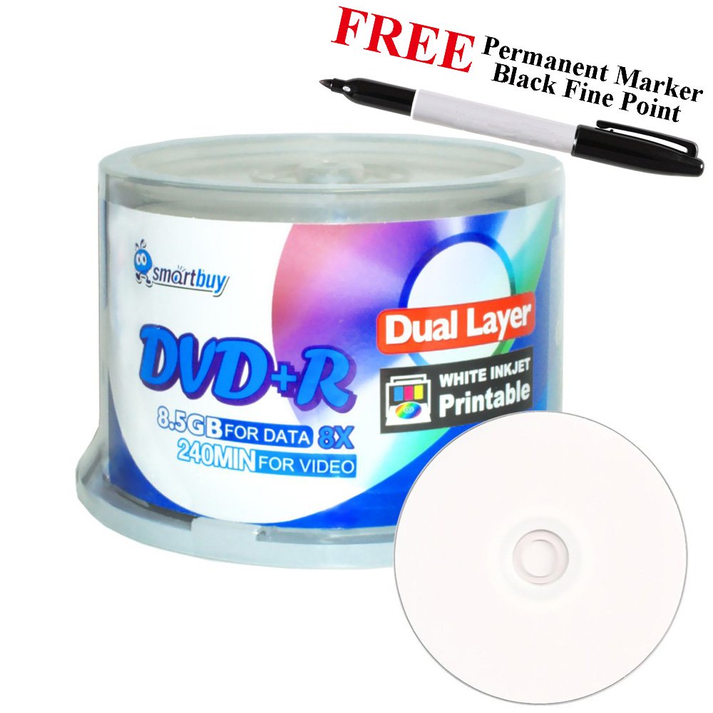 Smartbuy 50-disc 8.5GB/240min 8X DVD+R DL White Inkjet Hub Printable Blank Media Disc + Black Permanent Marker