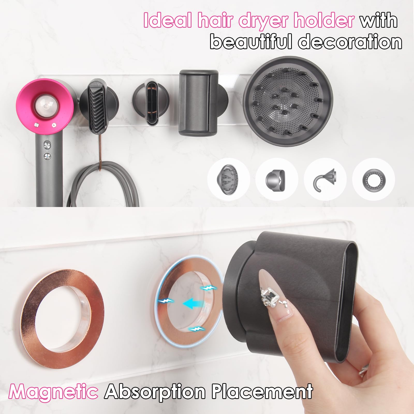 Floatant Wall Mount Hair Dryer Holder Compatible with Dyson Supersonic, Hair dryer holder, Acrylic Attachments Organizer with Hooks for Accessories Nozzles, Wide-Tooth Comb, Diffuser (Transparent)