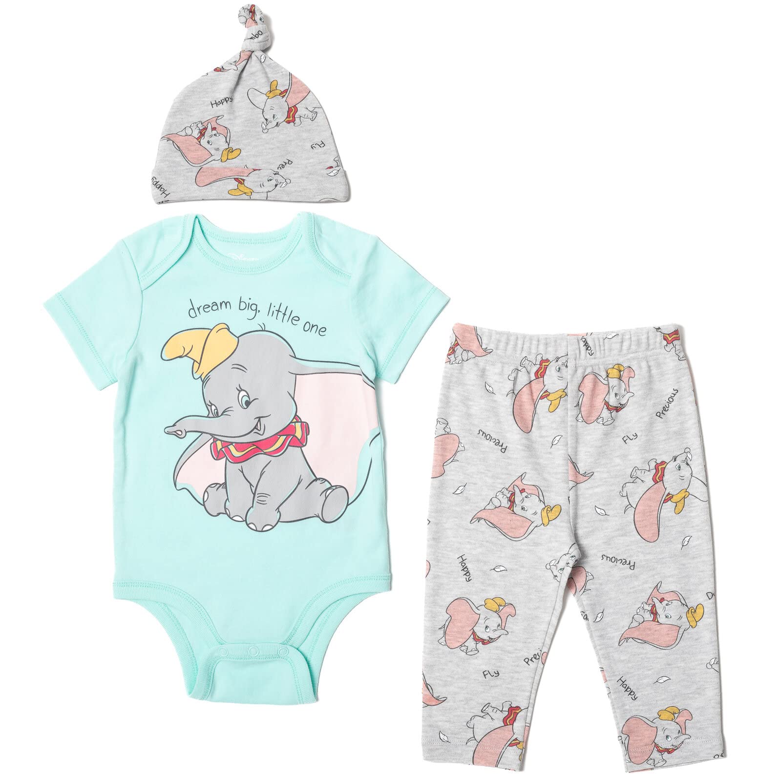 Disney Classics Dumbo Newborn Baby Boys Bodysuit Pants and Hat 3 Piece Outfit Set Blue/Gray 0-3 Months