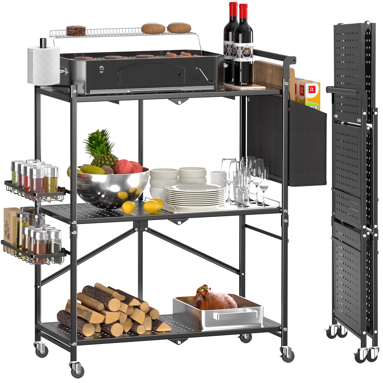 DTUQYX Foldable Outdoor Grill Cart with 3-Tier,Grill Cart,Grill Table for Outside with 2 Total Lock Casters,Pizza Oven Stand Table,Rolling BBQ Table and Folding Kitchen Island, Black