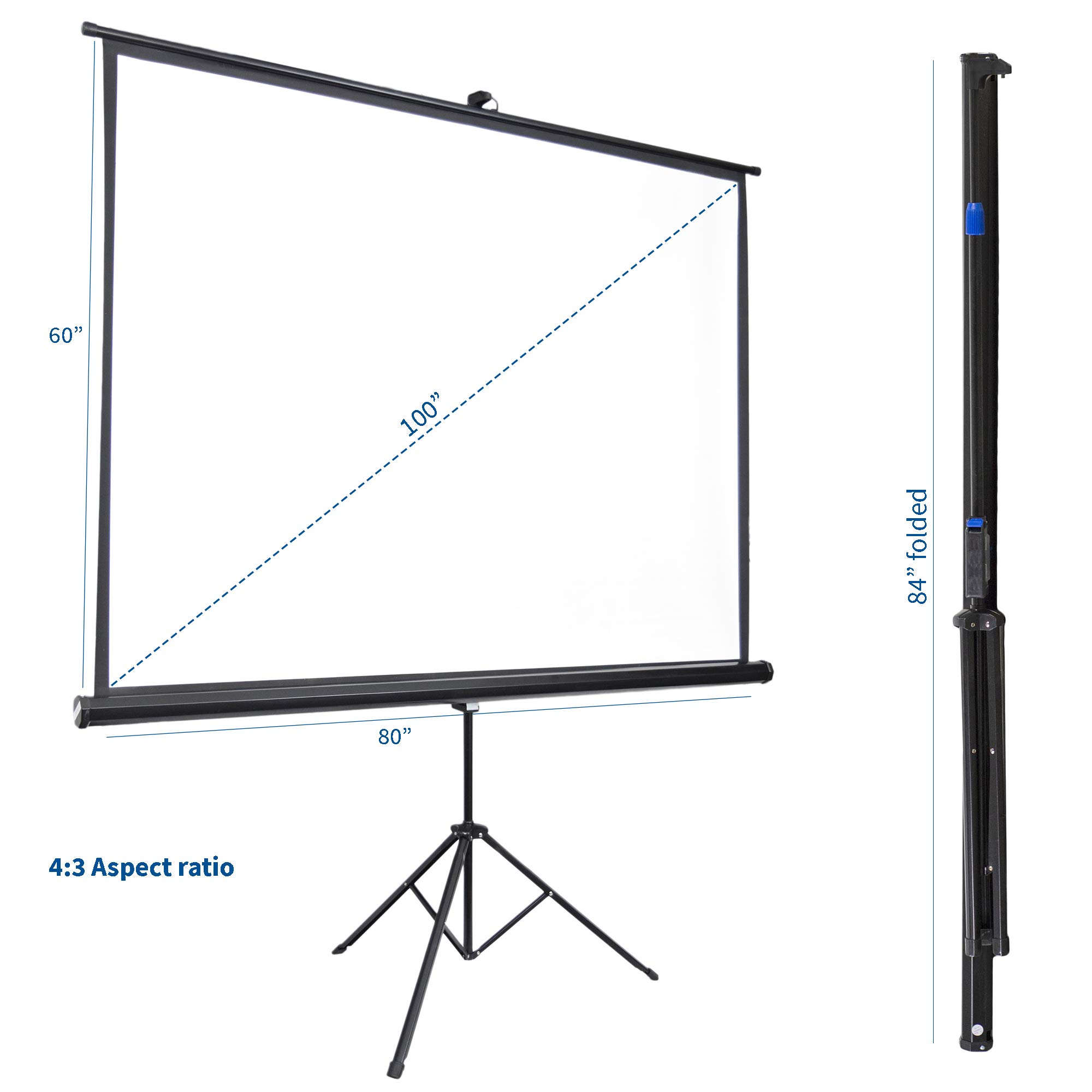 VIVO 100 inch Portable Indoor Outdoor Projector Screen, 100 Inch Diagonal Projection HD 4:3 Projection, 4K 3D 1080P HD Pull Up Foldable Stand Tripod, PS-T-100