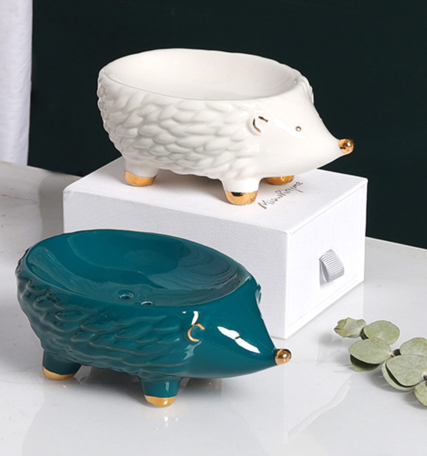 Ceramic Soap Dish with Drain, Hedgehog Toilet Soap Box, Ceramic Jewelry Tray, Funny Soap Storage Container for Shower Bathroom Kitchen Bathtub,White
