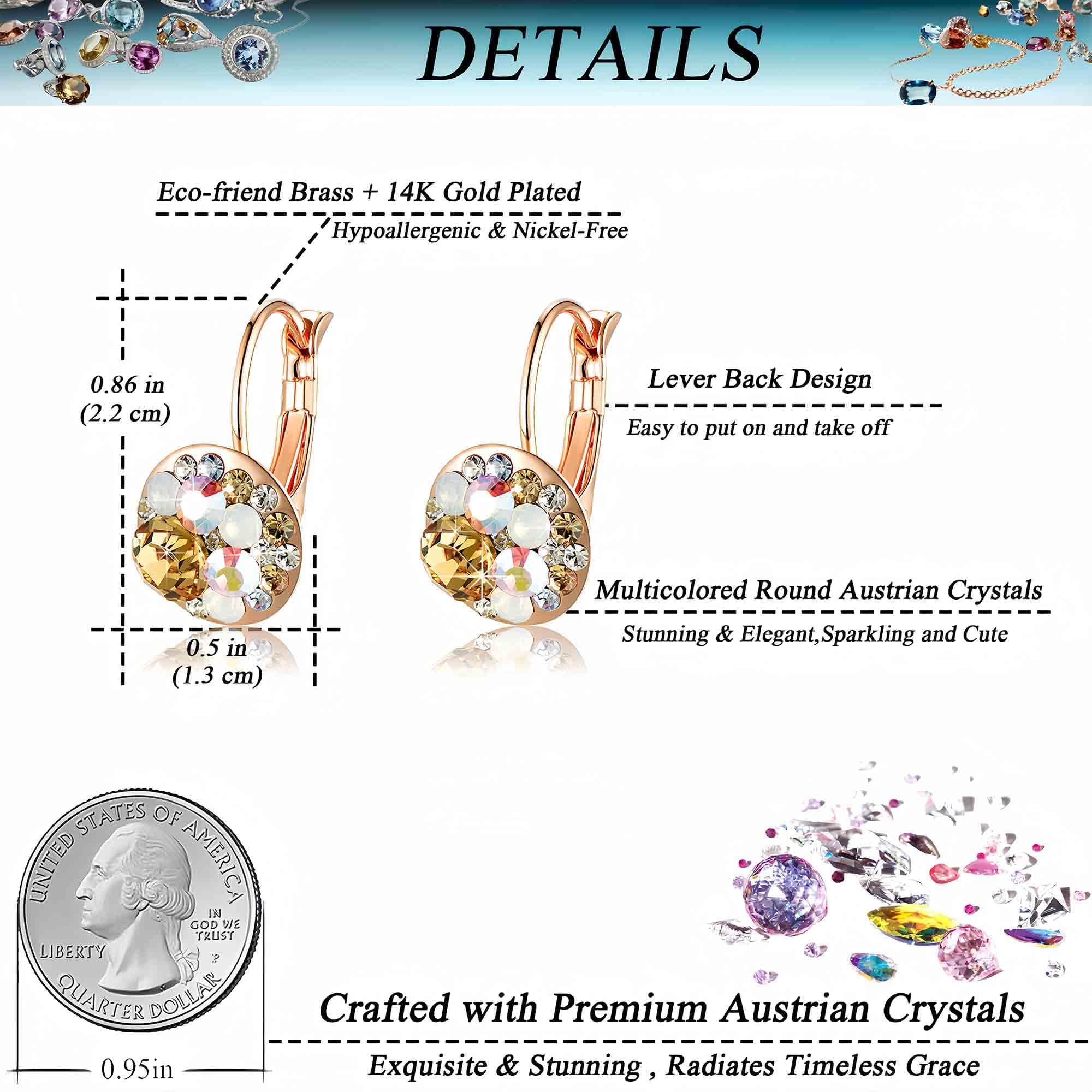Multicolored Austrian Crystal Drop Earrings for Women 14K Gold Plated Hypoallergenic Leverback Dangle Earrings (Yellow Main Crystal/Rose Gold-tone)