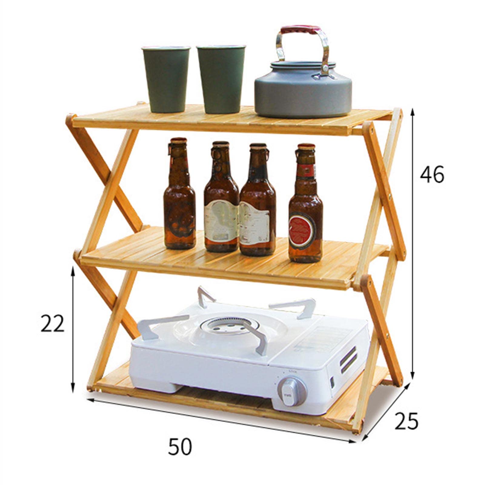 Folding Storage Rack, Powerful Load Bearing Large Storage Space Multi Layer Wooden Foldable Shelf Smooth for Outdoor Camping (3 Layers)