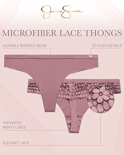Jessica Simpson Women's Underwear - 3 Pack Microfiber Lace Thong Panties (S-XL), Size Small, Black/Grape Shake/Rose Smoke