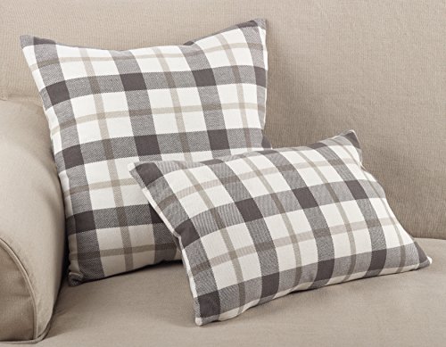 SARO LIFESTYLE Classic Plaid Pattern Cotton Down Filled Throw Pillow, 12" x 20", Grey