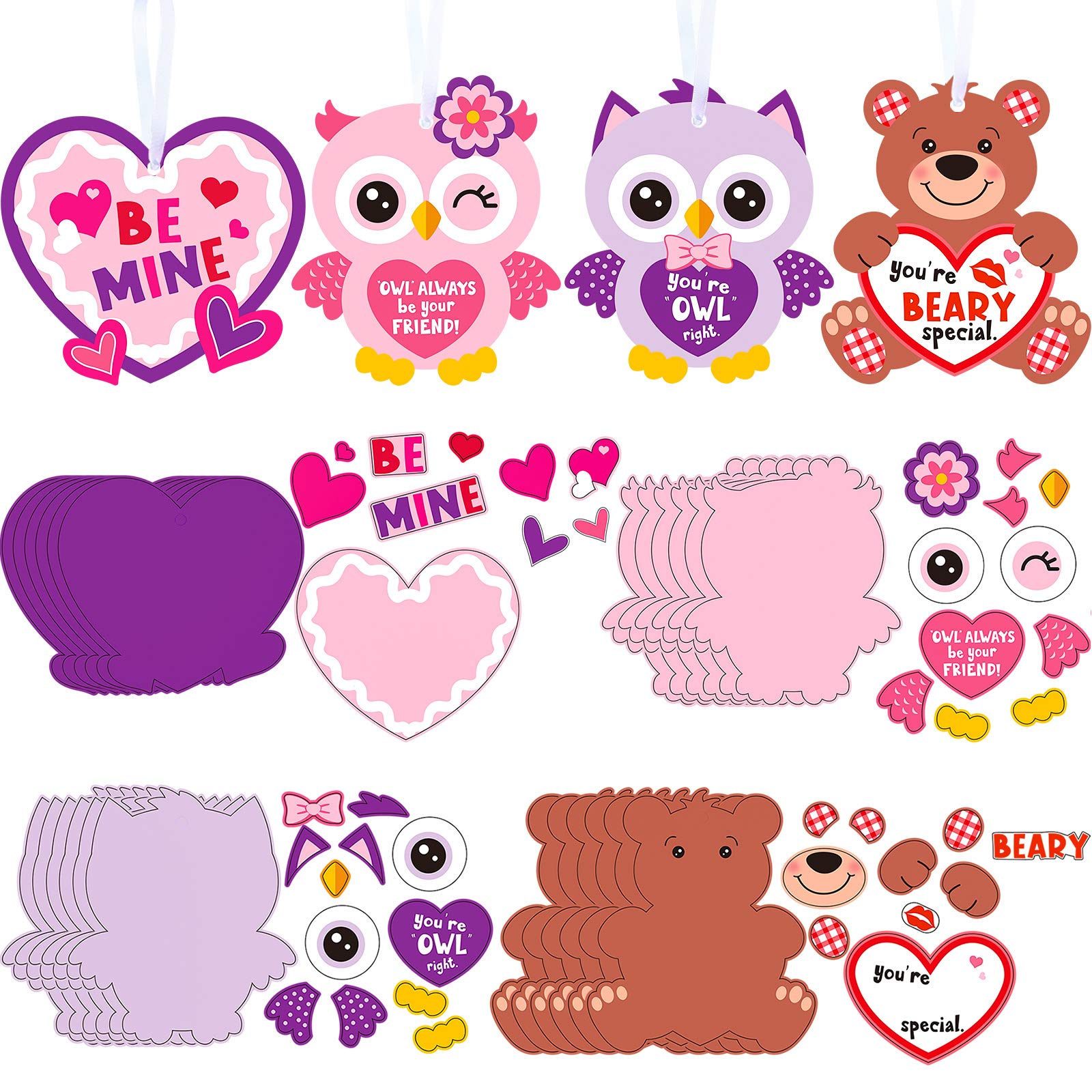 Valentine's Day Crafts Kits DIY Valentine Decorations Hanging Ornaments, Lanyards for Kids Family Entertainment Activities, 4 Styles (24 Sets)