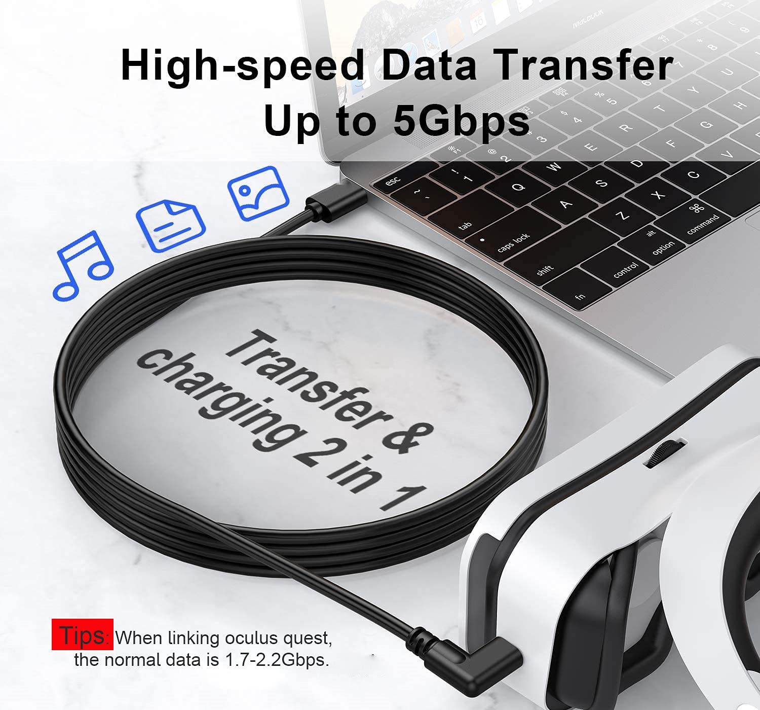 Uiwhsow Link Cable 16ft/5m Compatible for Oculus Quest 2, USB3.0 A to USB Type C Cable Braided 90 Degree 5Gbps Fast Data Transfer USB C Charging Cable for Oculus Quest /2, Virtual Reality Headset