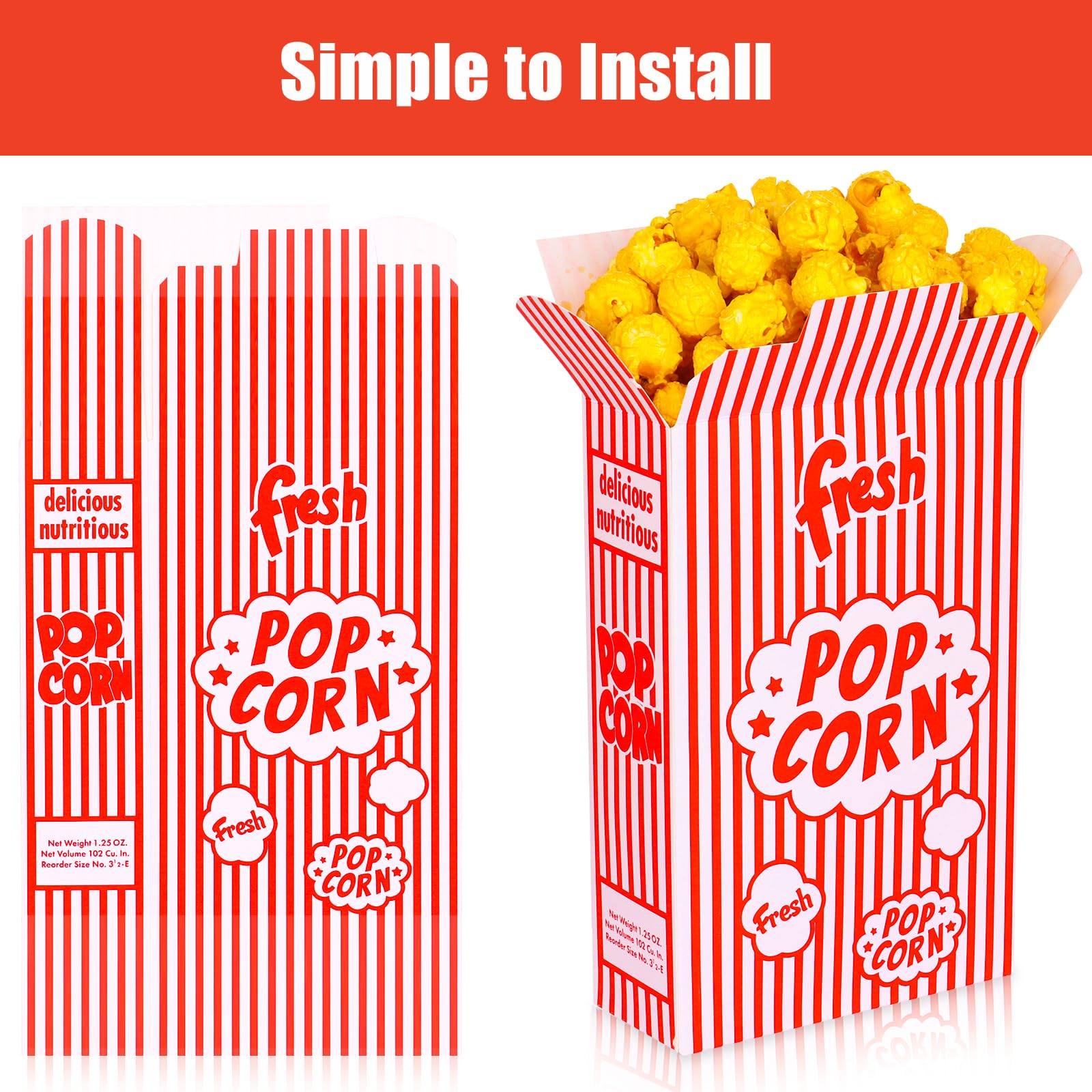 Dualshine 100 Pack Popcorn Boxes,1.25 oz Paper Popcorn Containers,Red and White Striped Close-Top Cardboard Pop Corners Bags Individual Servings for Theater Night Movie,Party,Christmas