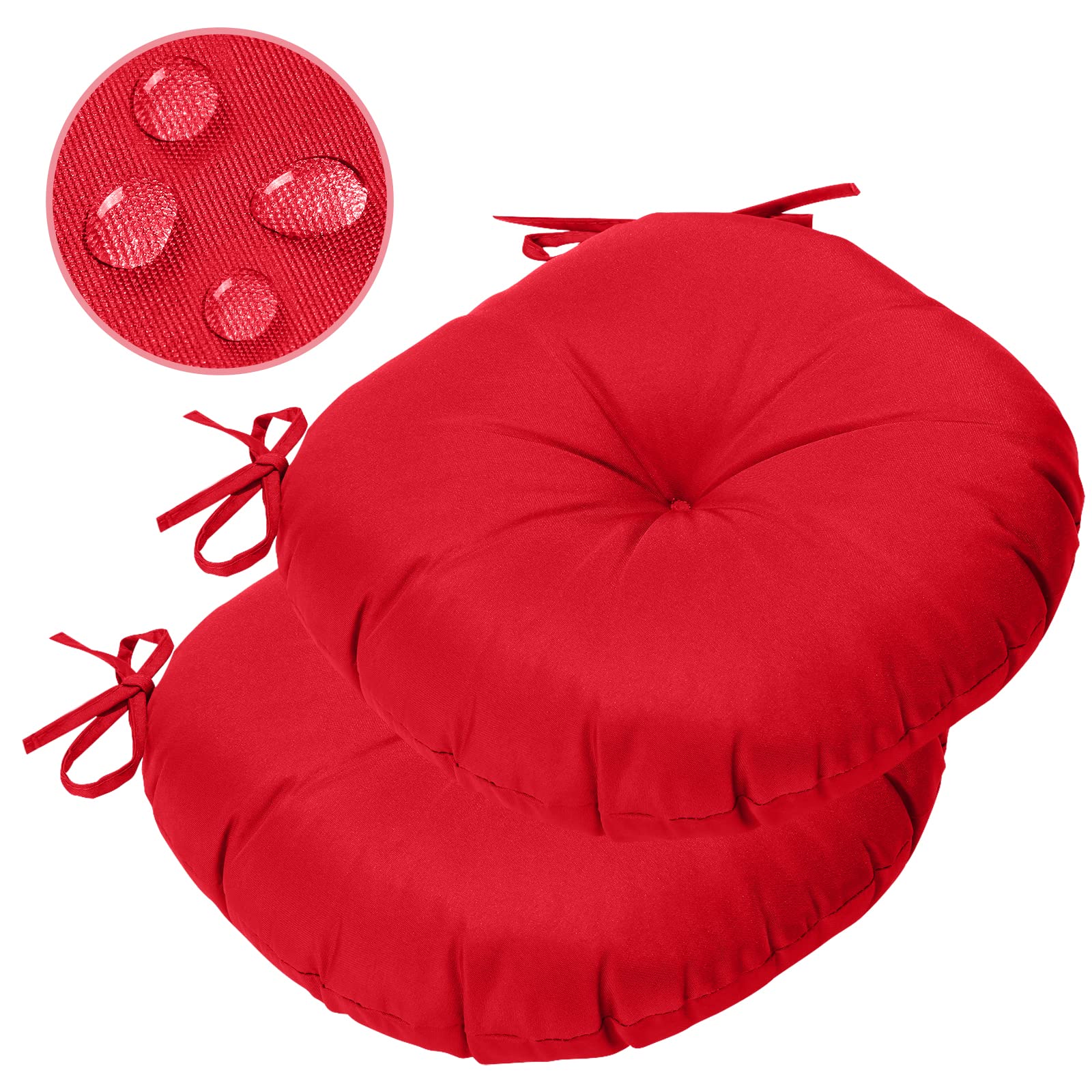 GUEGLSA Outdoor Tufted Round Cushions 15 inch, Waterproof Bistro Chair Cushions 15"x15"x3", Circular Seat Pads with Ties for Patio Garden, Set of 2, Red