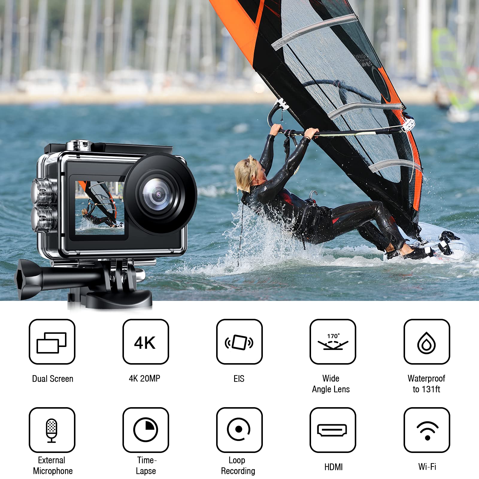 CAMWORLD Action Camera 4K 20MP Dual Screen Underwater Waterproof Camera with Touch Screen, EIS, Remote Control, Wi-Fi, Action Cam with 2 Batteries and Camera Accessories