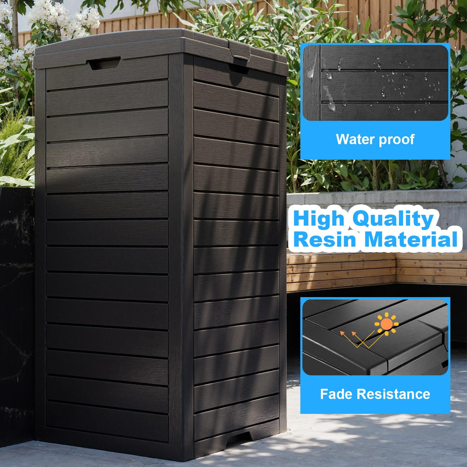 MAIUSCOLI Outdoor Trash Can with Lid, Outdoor Trash Bin & Pull-Out Liquid Drawer, Dual Lid Closure Design, Waterproof Resin Garbage Can Container for Patio, Backyard, Deck (Black, 31)