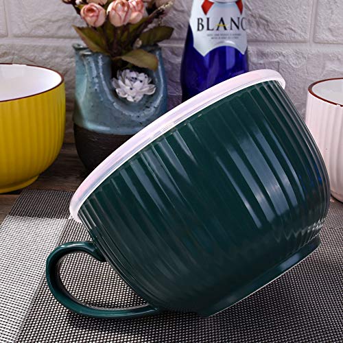 BOSILI Ceramic Bowl with Lid & Handle, 24 OZ Porcelain Soup Noodle Bowl with Lid, Microwave for Instant Noodle Sara, Cereal Bowl(Green)