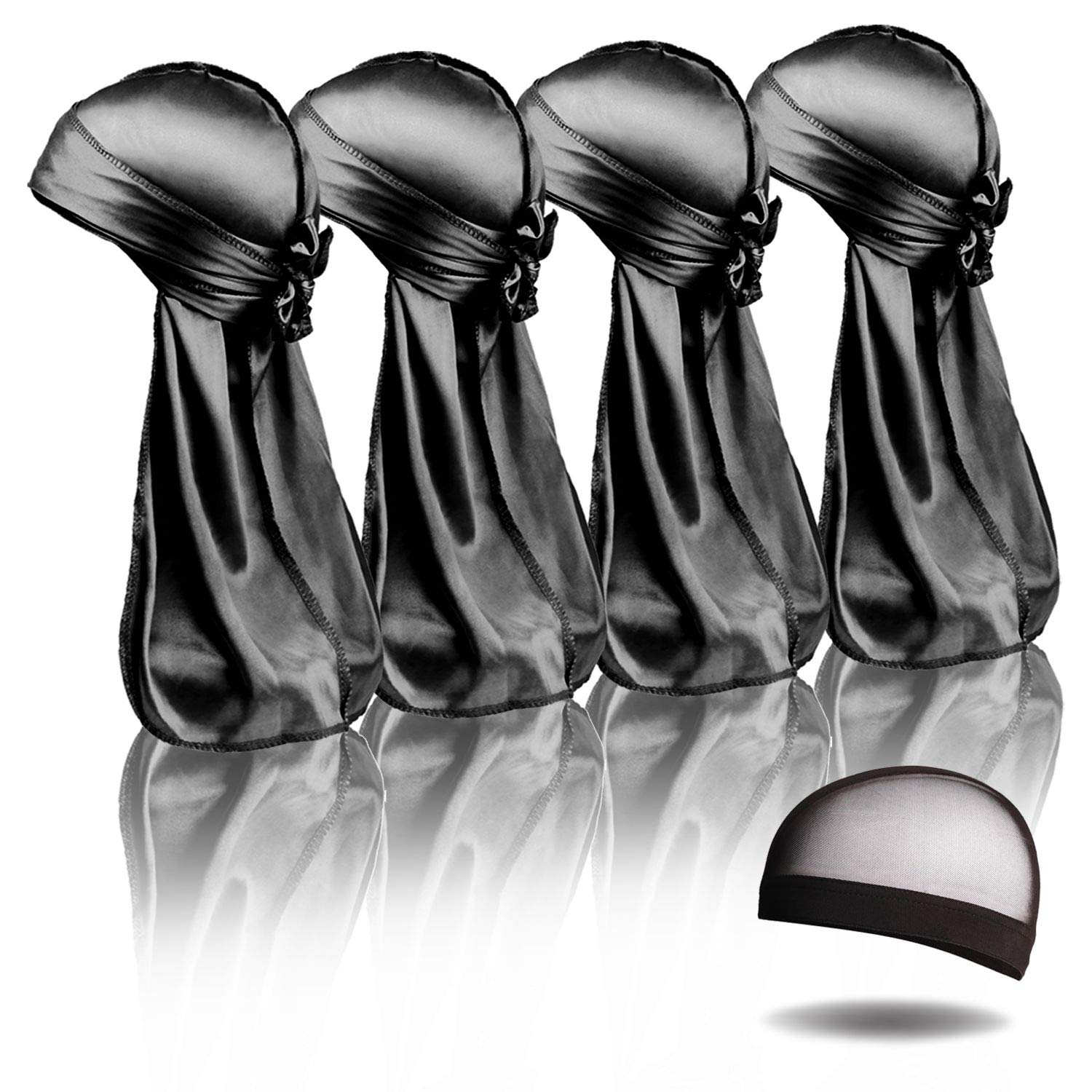 Black Silky Durag Pack - SupGene 4Pcs Black Silk Durag for Men Women with Silky Wave Cap, Satin Headwraps Set