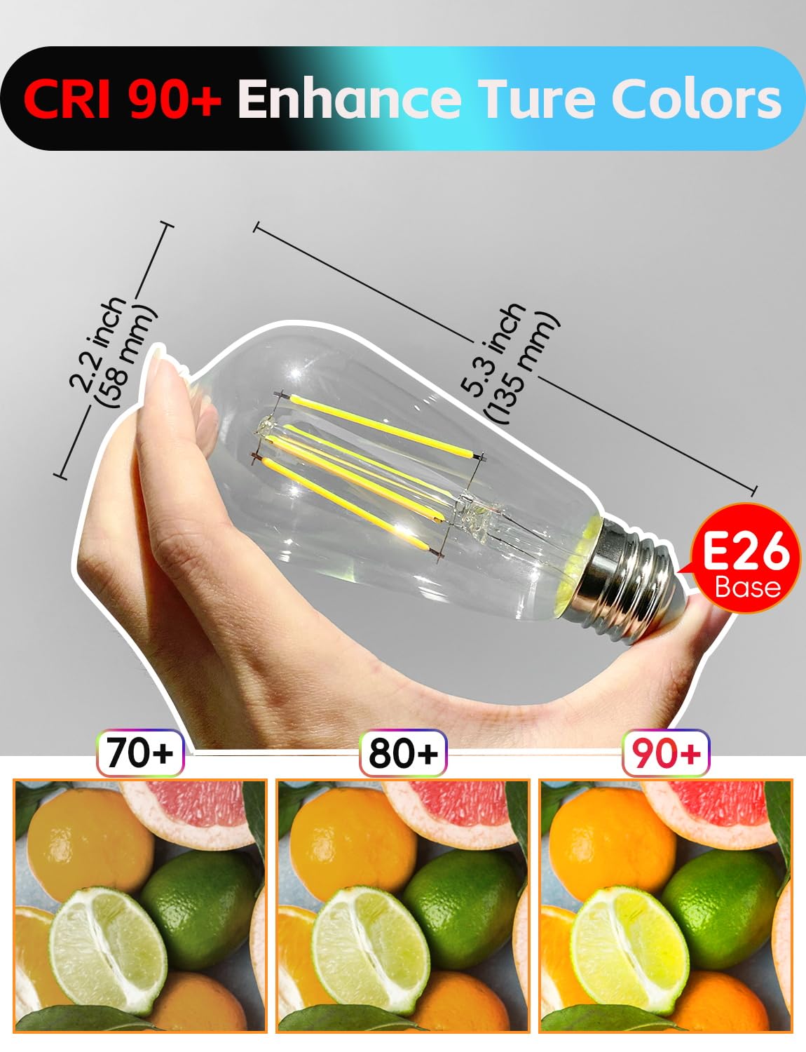 Jensense Edison Bulbs 6W E26 LED Bulb 60 Watt Equivalent, Vintage LED Light Bulbs CRI90+ ST19, Dimmable Clear Light Bulbs, 5000K Daylight Cool White 4 Pack