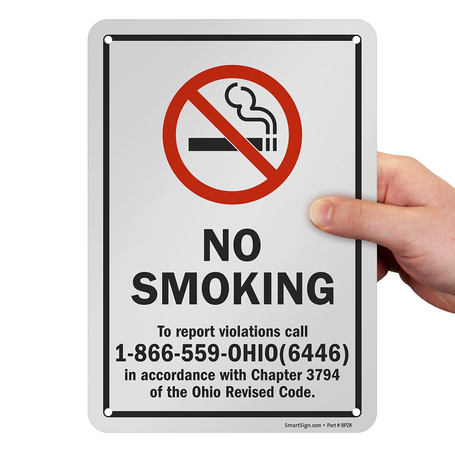 SmartSign 10 x 7 inch “No Smoking - to Report Violations Call 1-866-559-Ohio(6446) in Accordance with Chapter 3794” Ohio State Sign, Digital Printing, 55 mil HDPE Plastic, Red, Black and White