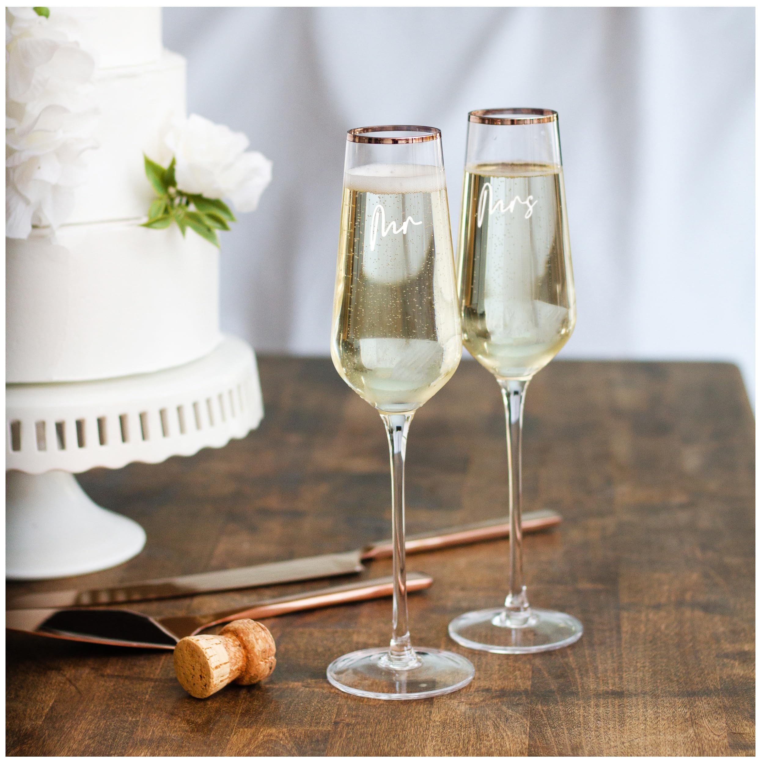 J&A Homes Rose Gold Wedding Cake Knife Server Set and Toasting Flutes - Reception Bride Groom Wedding Party Champagne Glasses Pie Cake Cutting Engagement Gift