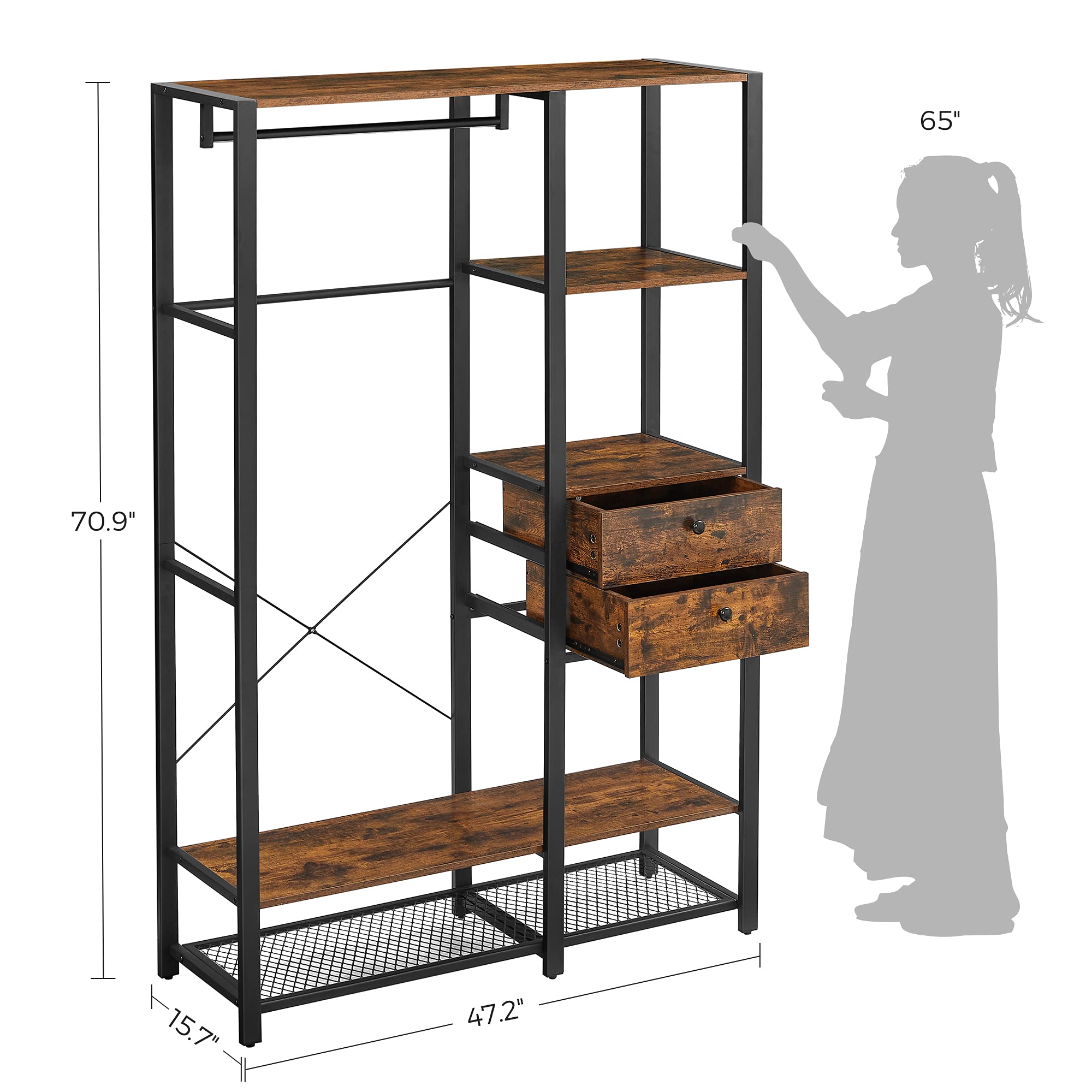 VASAGLE Free Standing Closet Organizer, Clothes Rack, Closet Organizer and Storage Shelves, Hanging Rod, 2 Drawers, Industrial Style, Rustic Brown and Black URGR001B01