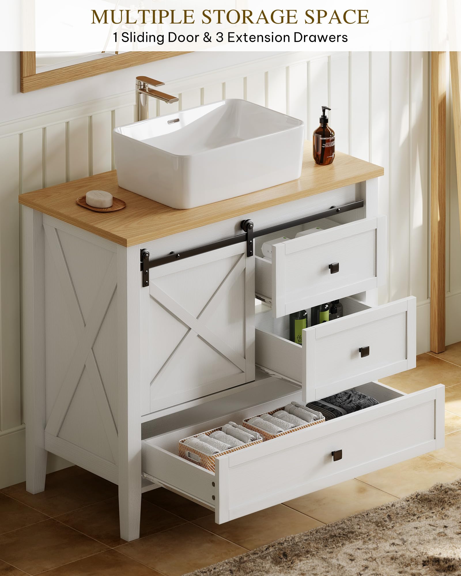 DWVO 48" Farmhouse Bathroom Vanity with Sink Combo, Barn Door Bathroom Storage Cabinet with Sliding Door & 7 Drawers, Ceramic Vessel Sink Top, White
