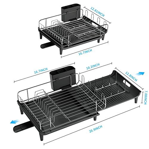 JINGFU Dish Drying Rack - Stainless Steel Dish Racks for Kitchen Counter, Large Dish Drying Rack with Drainboard, Dish drainers for Kitchen Counter,Expandable Dish Rack for Cups, Cutlery, Pot&lid