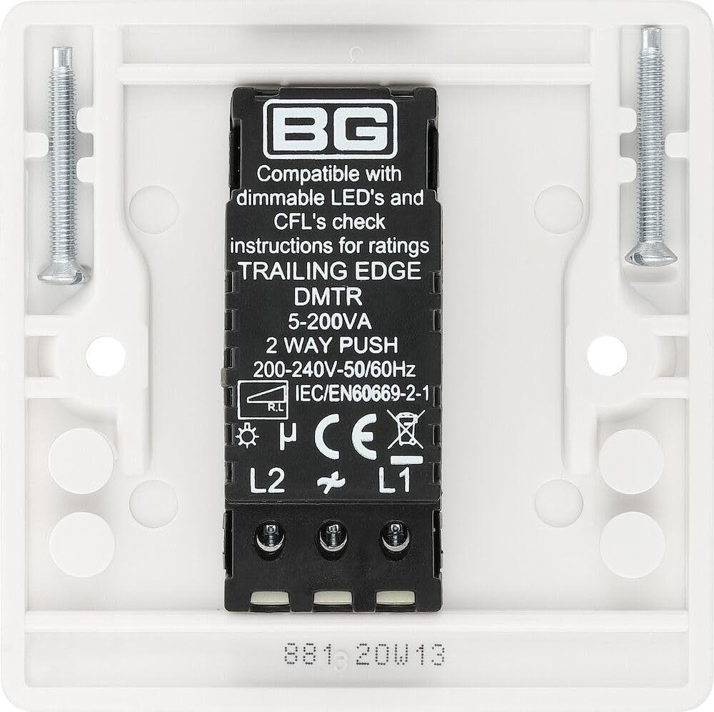 BG Electrical Single Round Push Button Dimmer Light Switch, White Moulded, Round Edge, 2-Way, 400 Watts