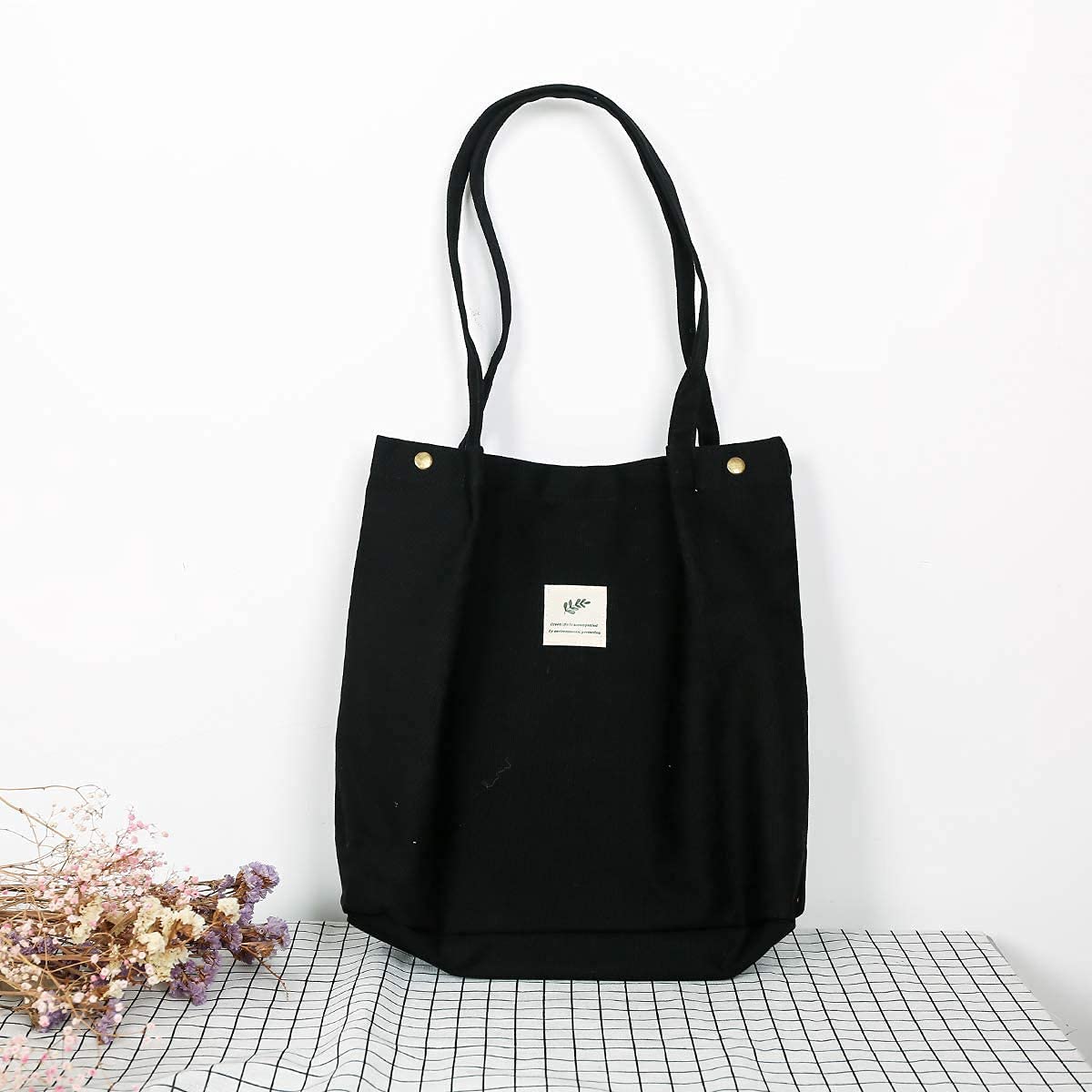 Canvas Tote Bag for Women Washable Reusable Carry Shoulder Bag With Inner Pocket (Black)