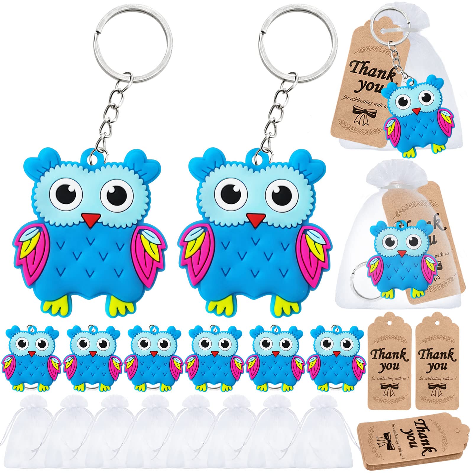 Elecrainbow 60 Pack Owl Party Favors Include 20 Keychains, 20 Thank You Tags and 20 Goodie Bags for Animal Lover, Return Gift, Animal Themed Party, Thanksgiving, Baby Shower, Birthday, Blue