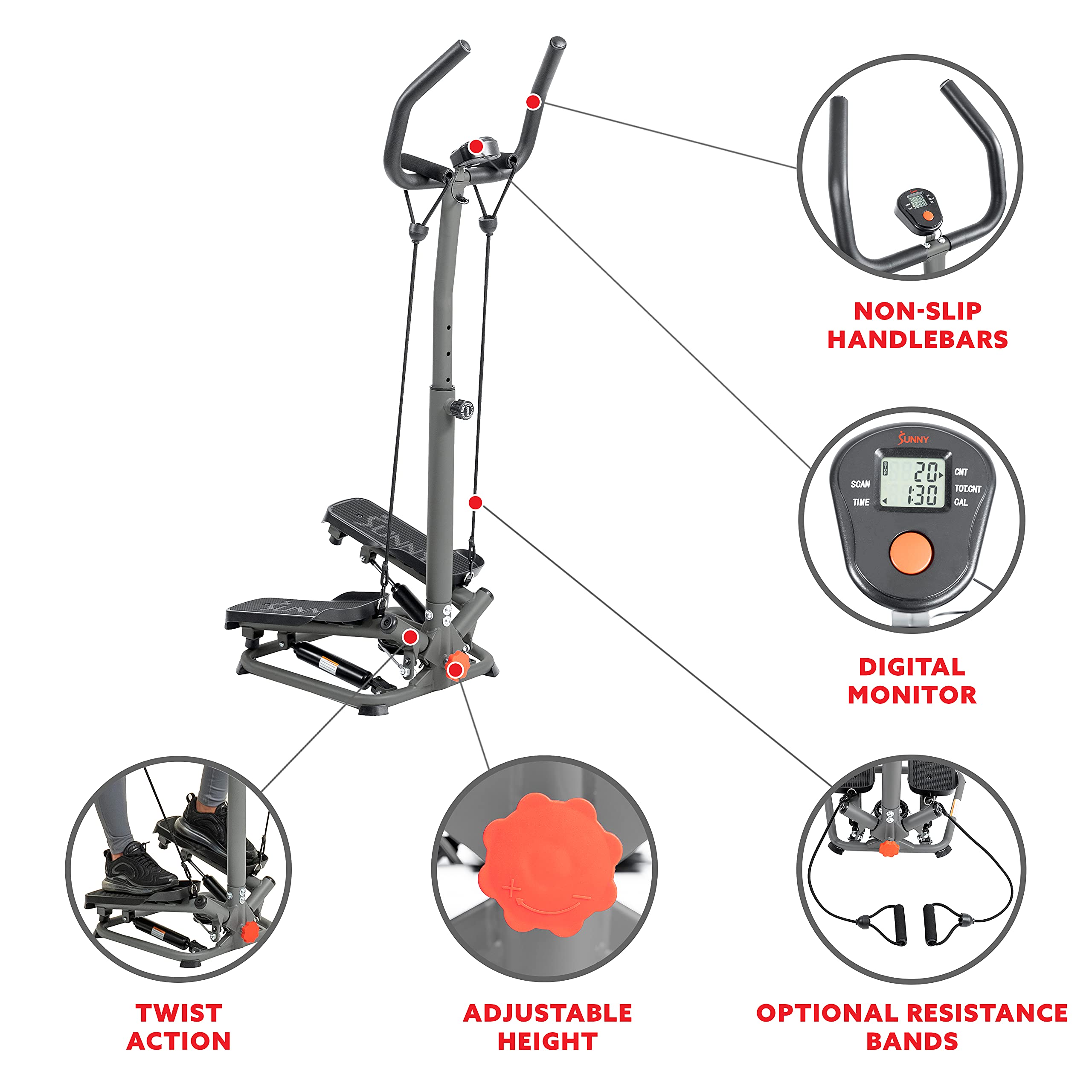 Sunny Health & Fitness Handlebar Fitness Step Machine with Resistance Bands - SF-S020065