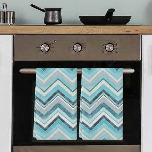 Beisseid Kitchen Dish Towels Aqua Turquoise Chevron Dish Cloth Fingertip Hand Towels Geometric Design Stripe Super Absorbent Soft Cotton Tea Towel 1 PC