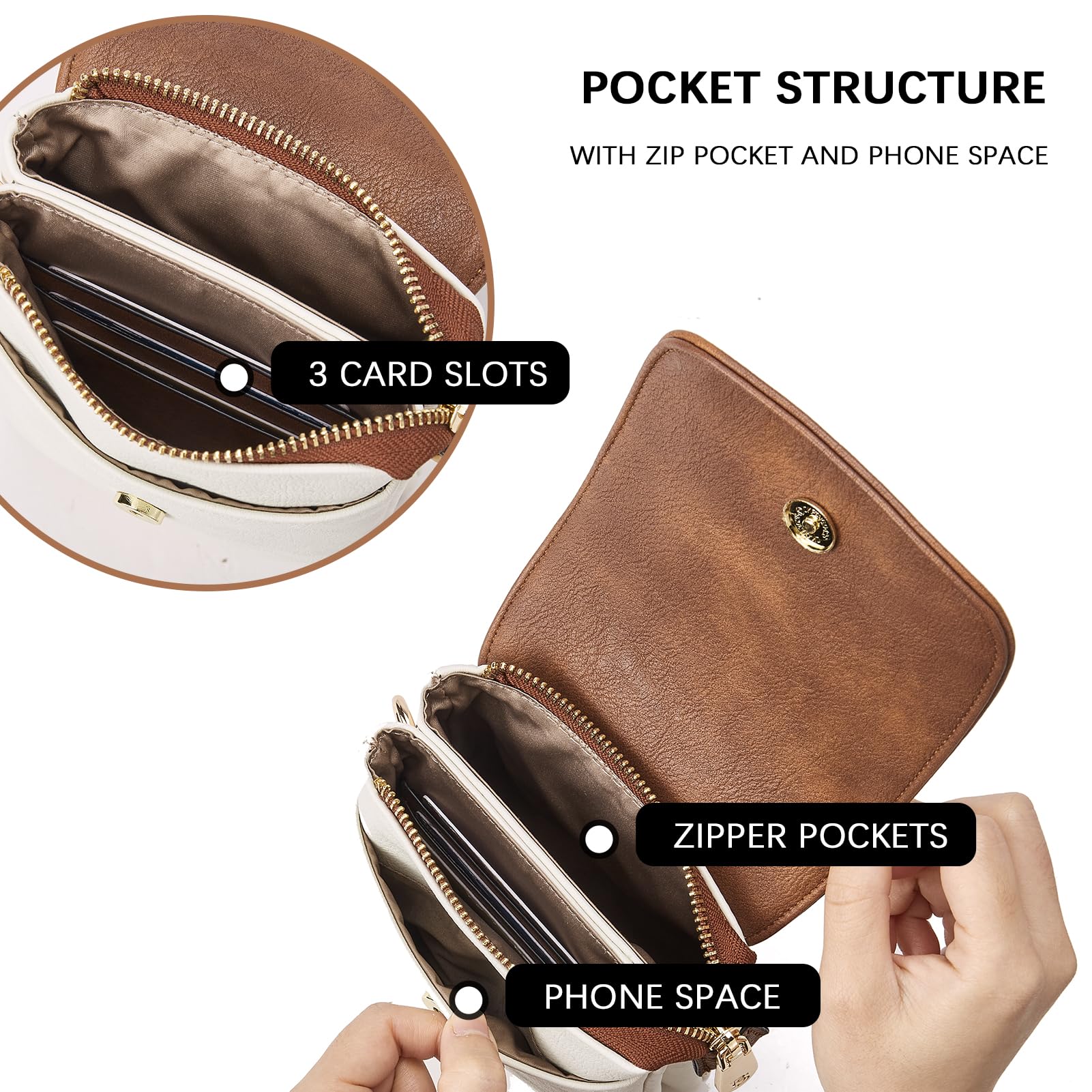 BOSTANTEN Leather Small Crossbody Bags for Women Designer Cell Phone Bag Wallet Purses Adjustable Strap White with Brown
