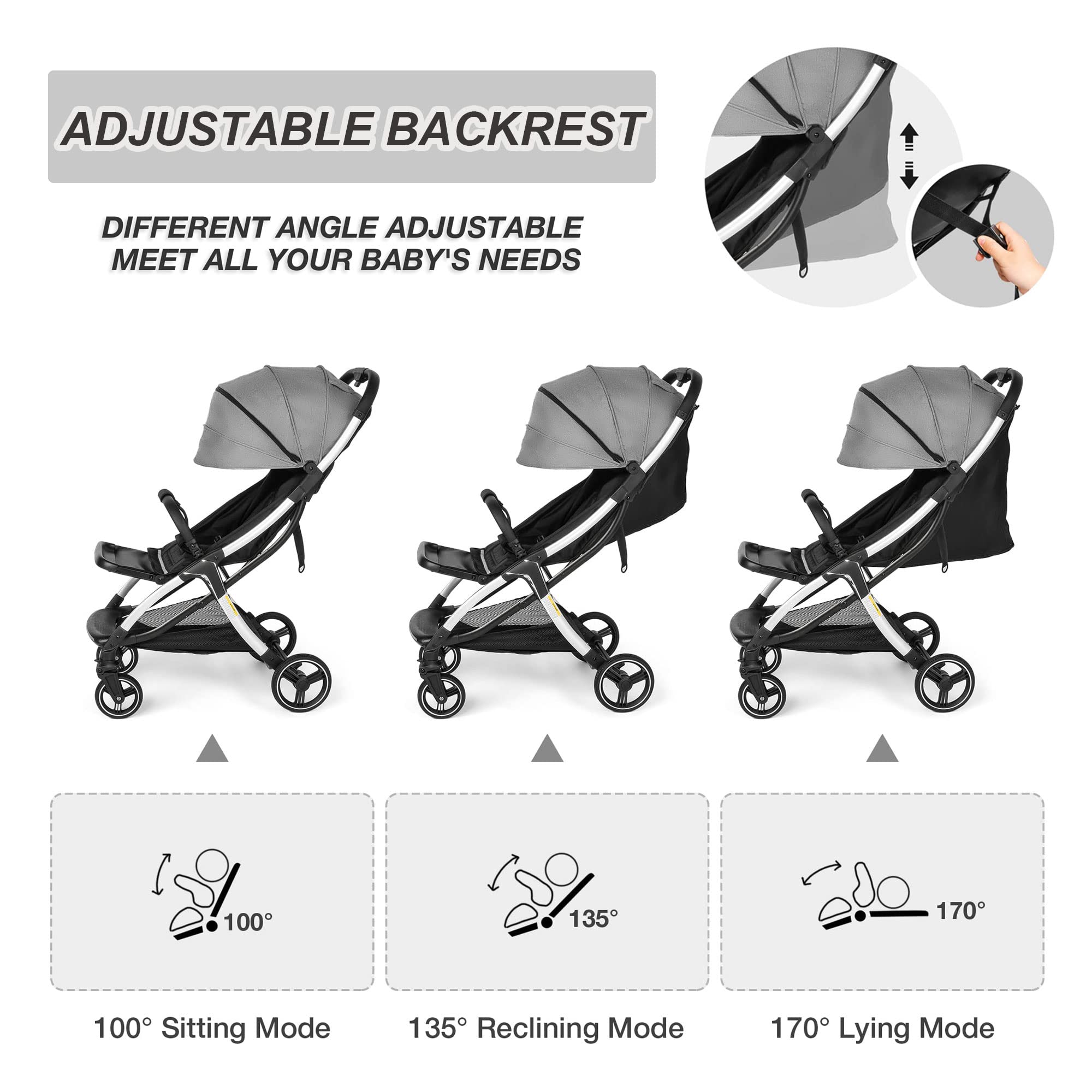 COLOR TREE Lightweight Stroller Foldable Compact Travel Stroller for Airplane with One-Hand Fold Pushchair Adjustable Canopy & Reclining Backrest for Babies Toddlers