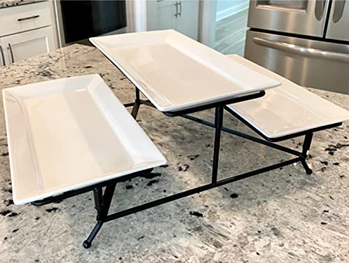ONEMORE 3 Tier Serving Tray - Collapsible Tiered Stand and Ceramic Serving Platters - Cross Bars Included - White