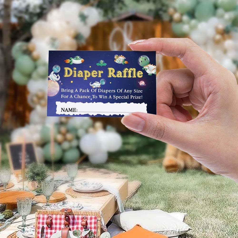 Diaper Raffle Cards, Diaper Raffle Baby Shower Game Kit,Space Theme Gender Neutral,Diaper Raffle Dinosaur Theme (1 Standing Sign + 50 Guessing Cards)