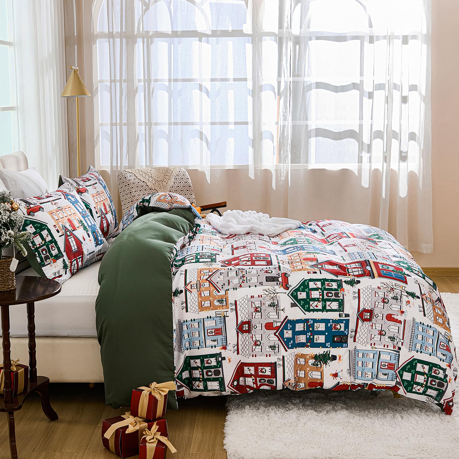 Dobuyly White Christmas Duvet Cover Queen, Blue Red Christmas Tree Pattern Duvet Cover Set, Soft Microfiber Pine Christmas Bedding Set Queen Size Includes 1 Duvet Cover and 2 Pillow Shams