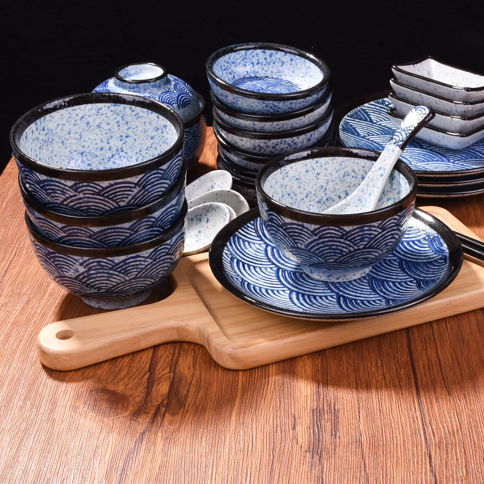 Cerficer Japanese Rice Bowl - 10.2oz Ceramic Sushi Bowl with Blue Wave Pattern,Thickened Bowl Wall,Perfect Small Bowl for Rice, Snacks, Desserts, and Sauces,Asian Rice Bowl Set