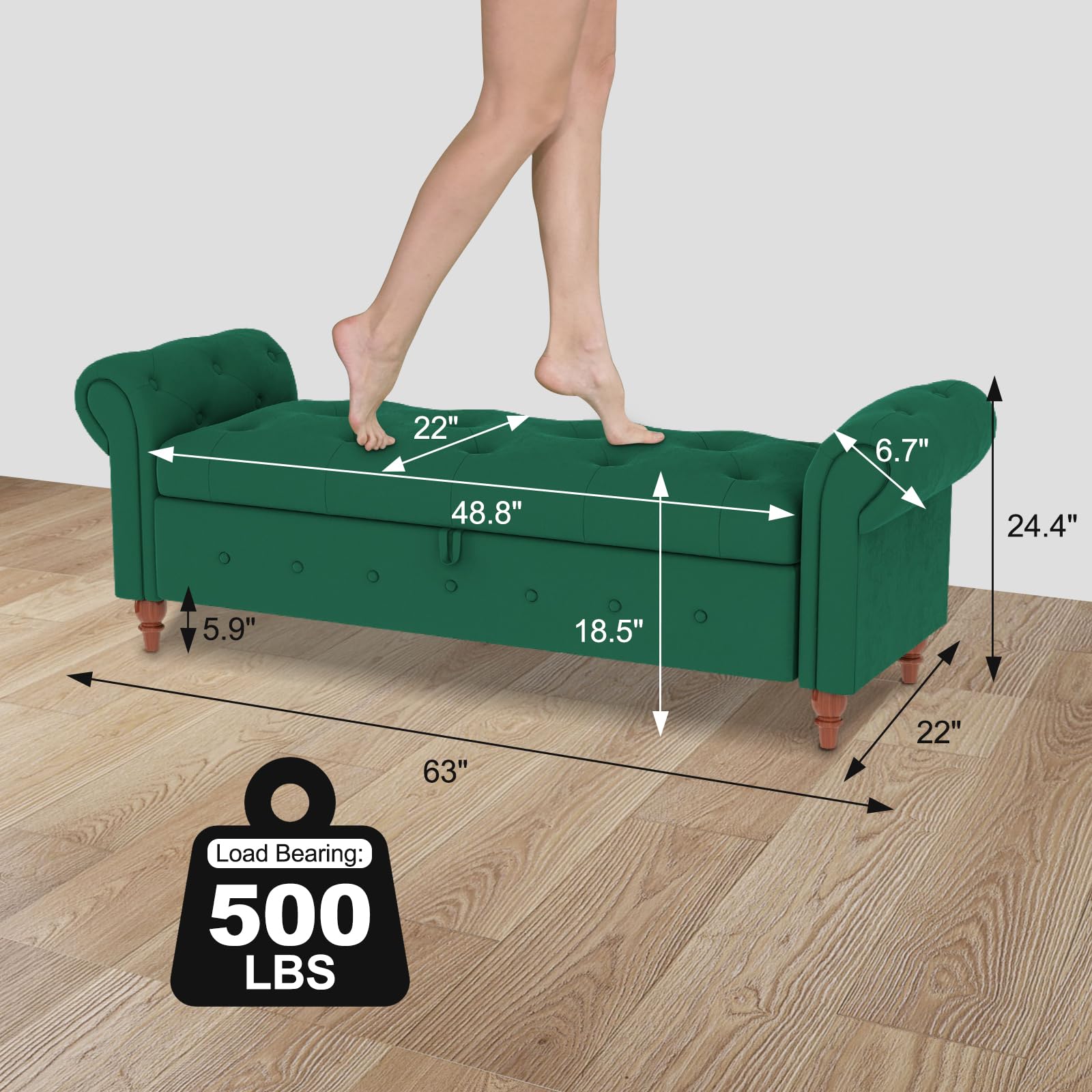 ayoodfo Storage Bench for Bedroom End of Bed, 63" Button Tufted Ottoman Bench, Rolled Armed Couch Long Bench Upholstered Window Bench for Bedroom, Living Room, Entryway, Dark Green