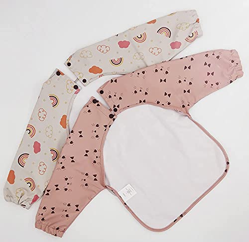 GZMM Waterproof Baby Bibs,Infant Toddler Long Sleeve Feeding Bib With Food Catcher,Easy Clean & Washable 2 Pack