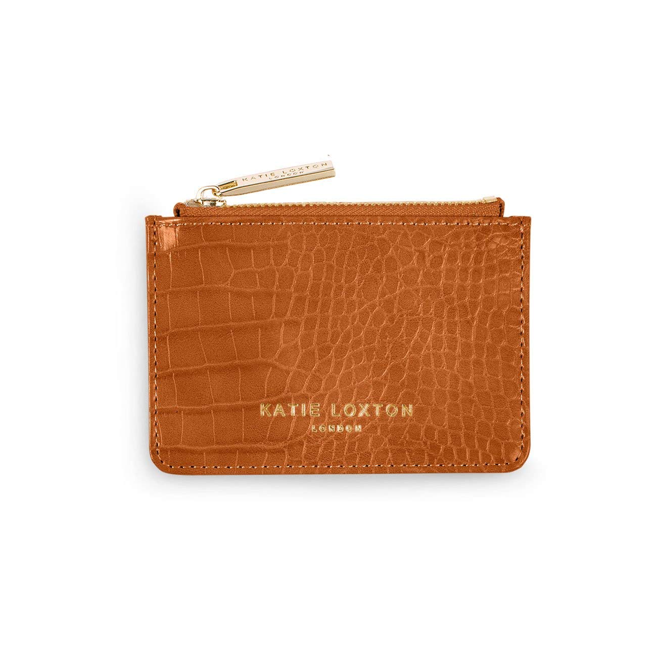 KATIE LOXTON Faux Crocodile Print Womens Medium Vegan Leather Zippered Card Holder Wallet Cognac