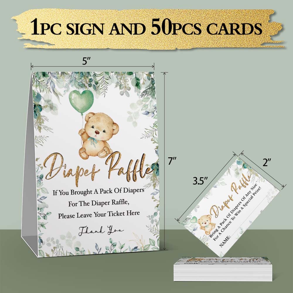 Diaper Raffle Sign,Balloon Bear Diaper Raffle Theme Baby Shower Game Kit (1 Sign & 50 Cards),Eucalyptus Diaper Insertion Ticket,Baby Shower Decoration