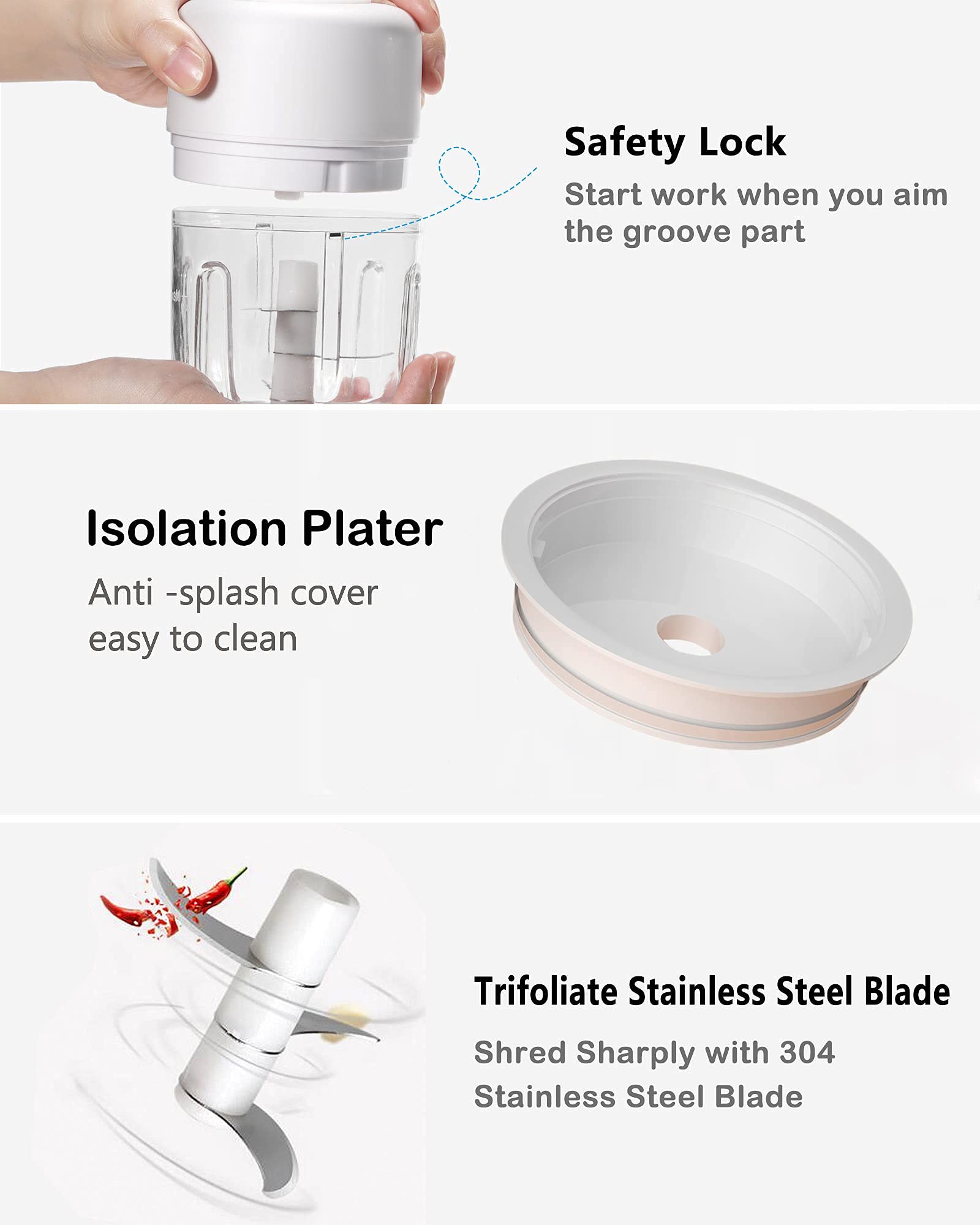 AYOTEE Cordless Electric Small Food Processor, Mini Food Chopper for Garlic Veggie Vegetables Fruit, Salad Mincing & Puree, Kitchen, 1Cup 250ML, BPA Free, White