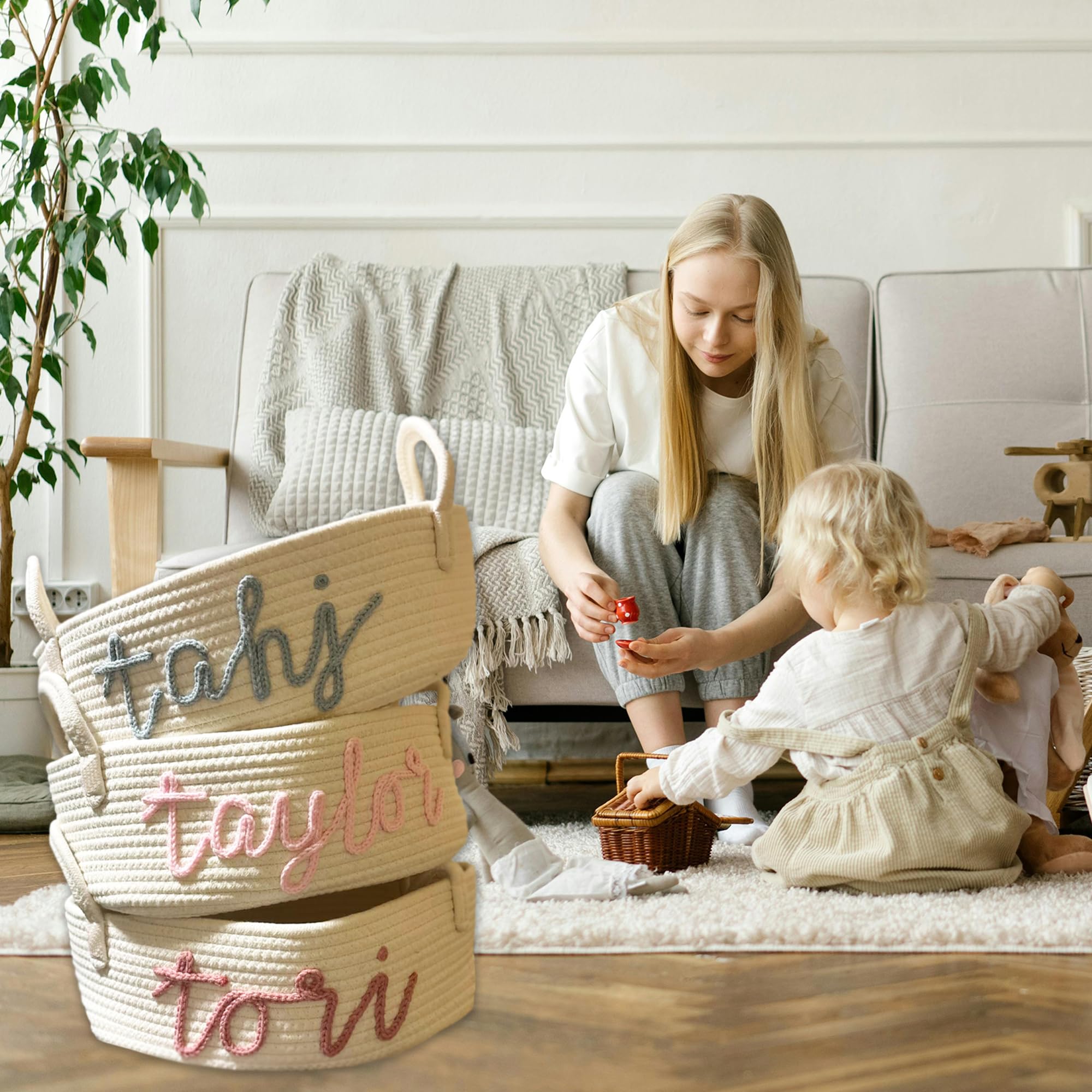 Custom Baby Name Clothes Baskets,Personalized Cute Woven Diaper Basket for newborn,Cotton Round organizer (White)