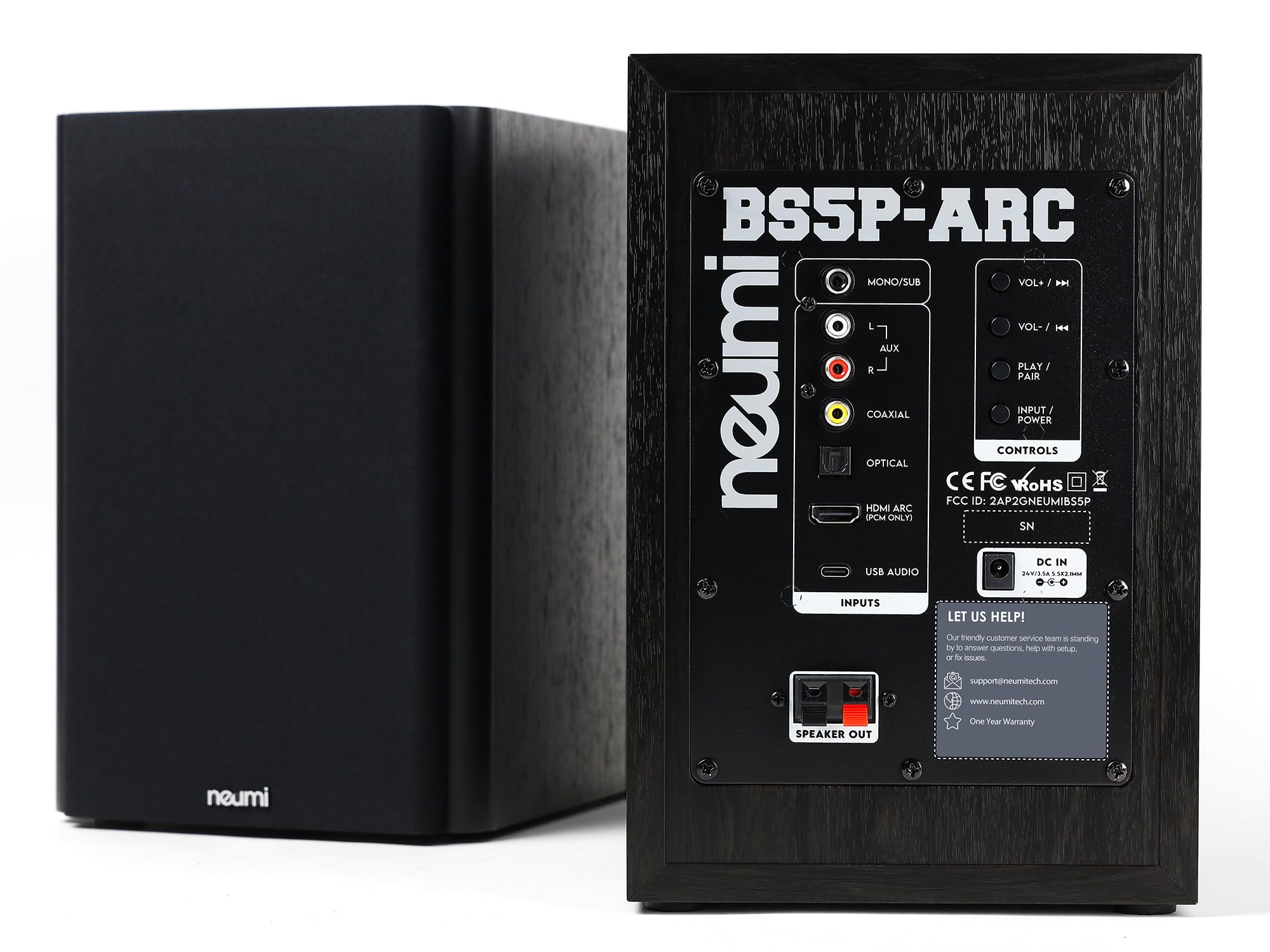 NEUMI BS5P-ARC 75-Watt Powered Bookshelf Speakers, Bluetooth, HDMI, USB, Optical, Coaxial, Remote Control, 5-Inch Woofer, 1-Inch Tweeter, Dark Wood, 1 Pair